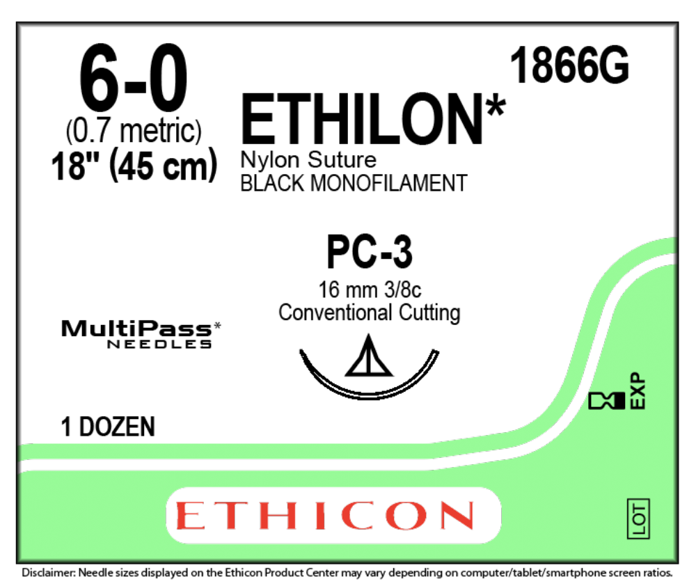 1866G ETHILON Nylon Suture | BLACK, MONOFILAMENT, 1XPC-3 PRIME MP, 6-0 ...