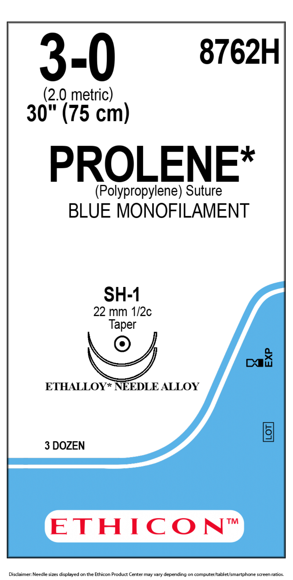 8762H PROLENE Polypropylene Suture | BLUE, MONOFILAMENT, 2XSH-1, 3-0, 75CM | Medical Sutures