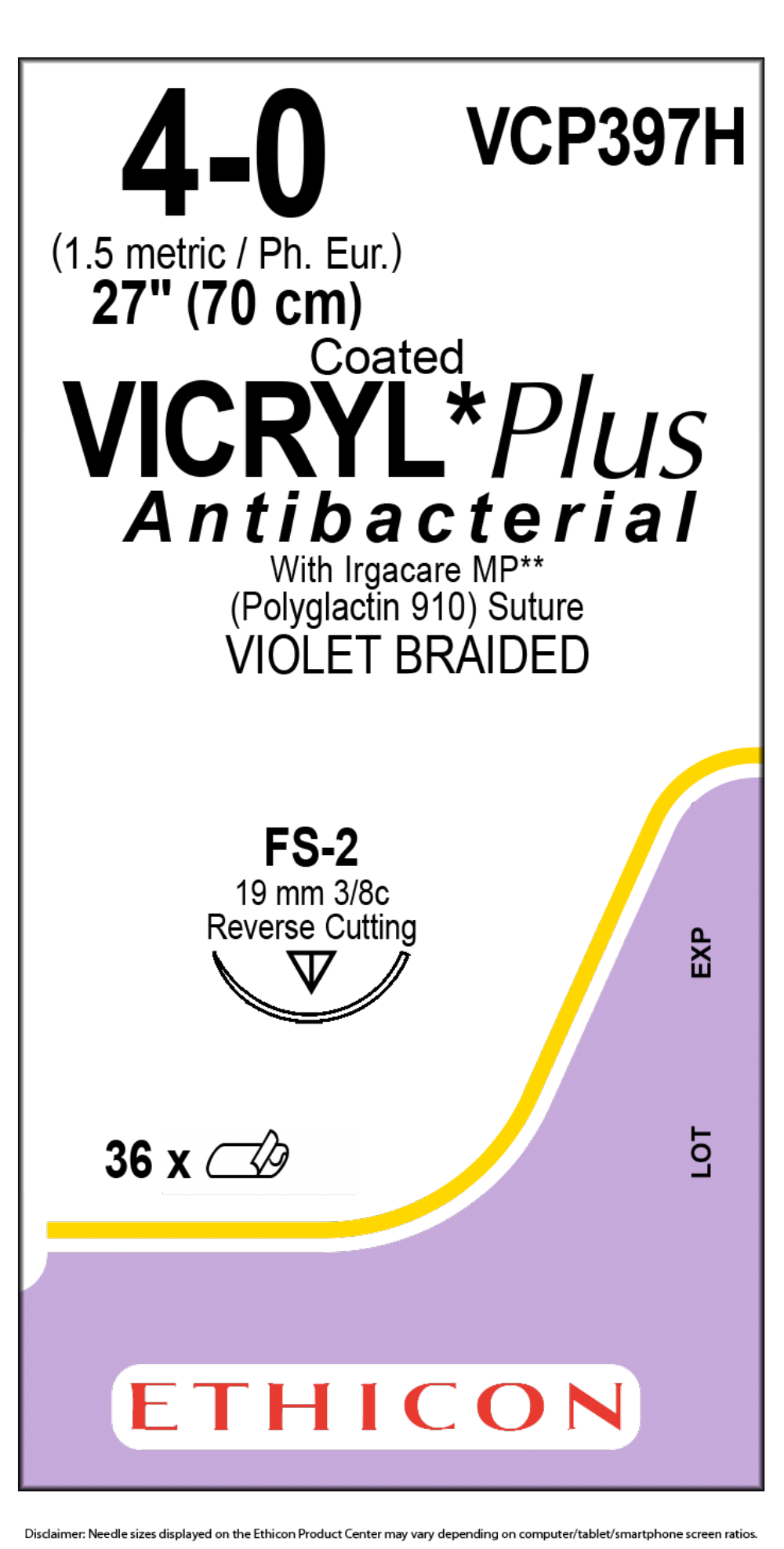 VCP397H COATED VICRYL Plus Antibacterial (polyglactin 910) Suture | VIOLET, BRAIDED, 1XFS-2, 4-0 ...